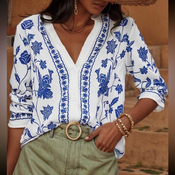 Tops | Boho Floral Print Cottagecore Top Blouse Button Down Shirt Blue ...